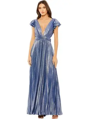 Mac Duggal Ruffle Sleeve Cutout Pleated Metallic Gown - Blue