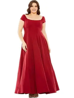 Mac Duggal Cap Sleeve Square Neck Ball Gown - Red