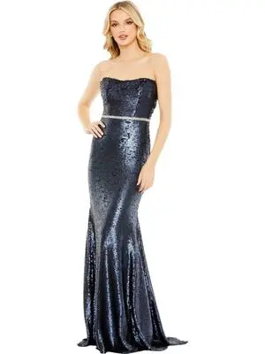 Mac Duggal Sequin Mesh Overlay Gown With Rhinestone Belt - Navy