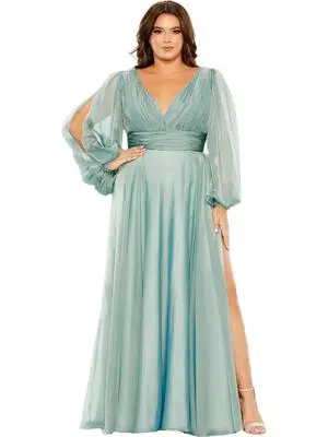 Mac Duggal Puff Sleeve Embellished Cuff V-Neck A-Line Gown Blue
