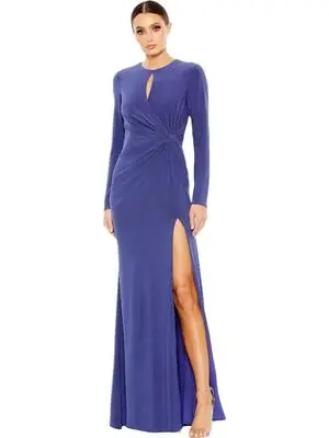 Mac Duggal Long Sleeve Keyhole Draped Gown - Purple