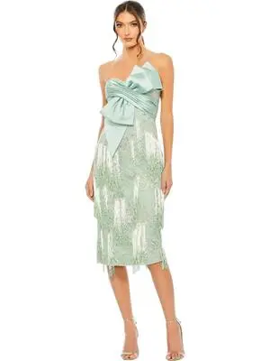 Mac Duggal Bow Front Ombre Fringe Detailed Dress - Green