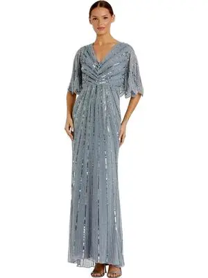 Mac Duggal Sequined V-neck Cape Sleeve Gown - Blue