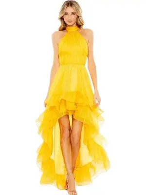 Mac Duggal Ruffle Tiered High-low Halter Neck Gown - Yellow