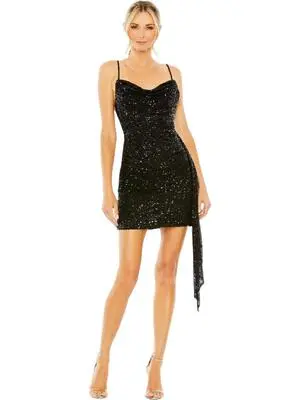 Mac Duggal Sequin Cowl Neck Mini Dress - Black