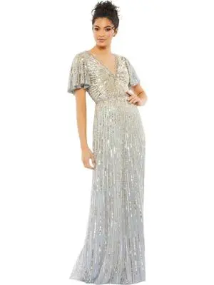 Mac Duggal Embellished V-Neck Butterfly Sleeve Column Gown Silver