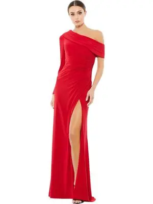 Mac Duggal Ruched Jersey Drop Shoulder Foldover Gown - Red