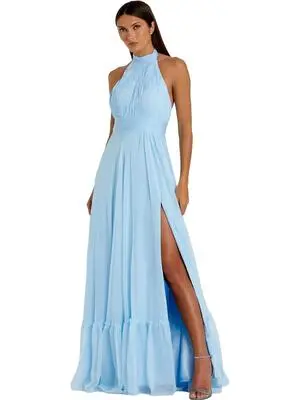 Mac Duggal High-neck Tiered Chiffon Halter Gown - Blue