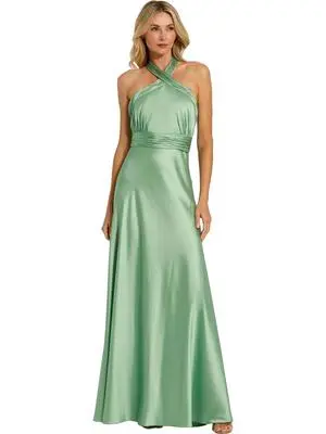 Mac Duggal Ruched Halter Neck Tie Back Satin Gown - Green