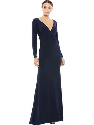 Mac Duggal Long Sleeve Ruched Jersey V-neck Gown - Navy