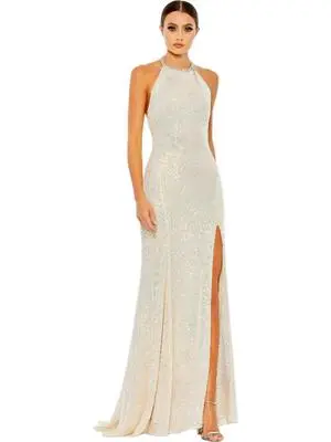Mac Duggal Sequined High Neck Rhinestone Trim Column Gown White
