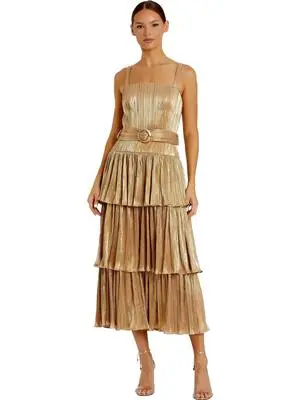 Mac Duggal Metallic Pliss Tiered Ruffle Dress - Gold