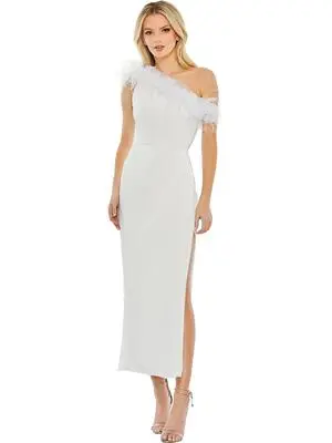 Mac Duggal One-shoulder Feather-trimmed Draped Dress - White
