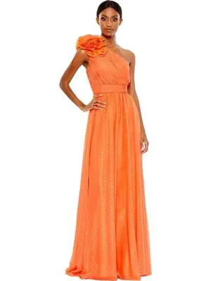 Mac Duggal One-shoulder Polka Dot Chiffon Gown With Ruffle Detail - Orange