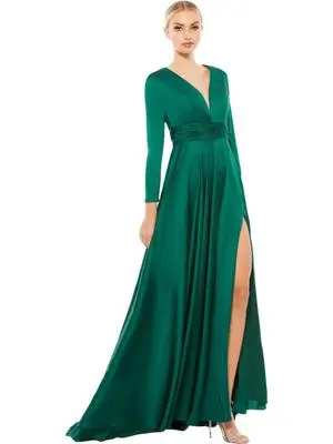 Mac Duggal Satin A-line Gown With Thigh Slit - Green