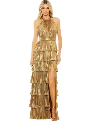 Mac Duggal Metallic Halter Neck Tiered Ruffle Gown - Gold