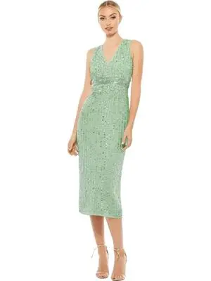 Mac Duggal Sequined Sleeveless V-neck Midi Sheath Dress - Green