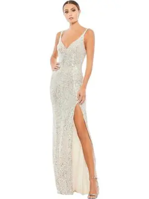 Mac Duggal Fully Sequined Gown With Scoop Back - Silver