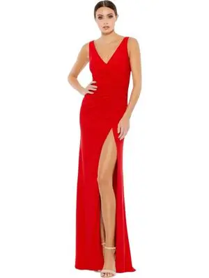 Mac Duggal Sleeveless Faux Wrap Gown - Red
