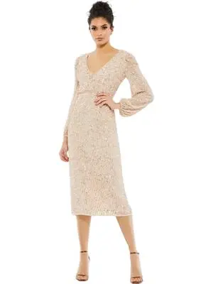 Mac Duggal Sequin V-neck Midi Dress - Neutral