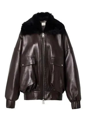Khaite Daemon Oversized Shearling-Trimmed Leather Jacket Dark Brown