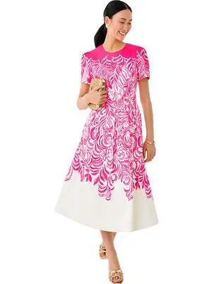 LILLY PULITZER Loradonna Stretch Midi Dress - Sun Shell Pink Festive Fronds Engineered Woven Dress