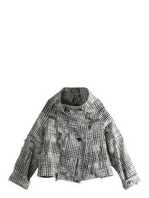 Y’s Check-pattern Frayed-hem Jacket - White