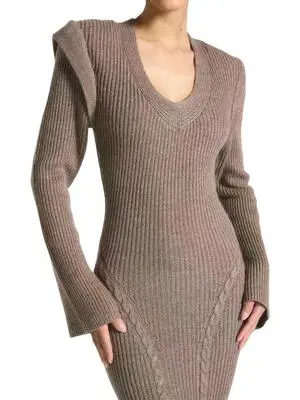 Manière De Voir Wide-shoulder Knitted Midi Dress - Brown