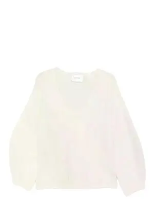 Soft Goat Puff Sleeve V-neck Knit - White
