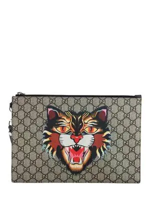 Gucci Zipped Angry Cat Gg Coated Canvas Large Clutch - Brown