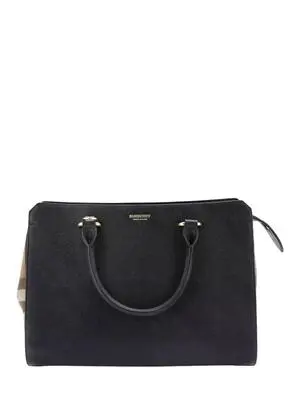 Burberry Banwell Leather And House Check Canvas Small Tote Bag - Black