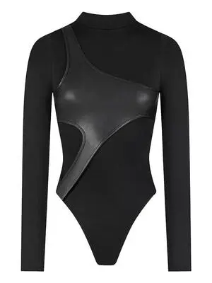 Manière De Voir Faux Leather Overlay Bodysuit - Black