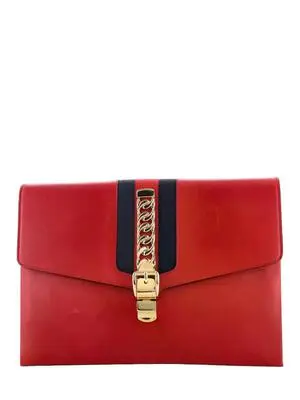 Gucci Sylvie Leather Maxi Clutch Bag - Red