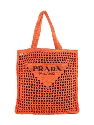 Prada Triangle Logo Open Raffia Tote Bag - Orange
