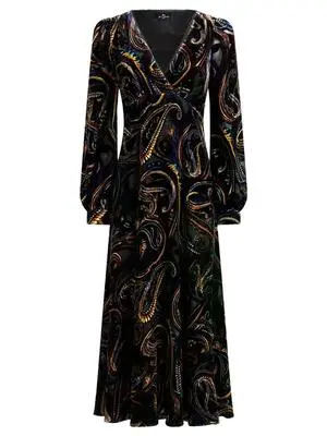 Etro Velvet Paisley-foliage Motif Wrap Midi Dress - Black