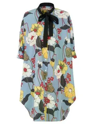 Marni Floral-print Tie-neck Dress - Blue