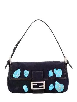 Fendi Baguette Embellished Denim Shoulder Bag - Blue