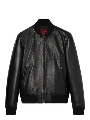 Gucci Embossed Gg Leather Bomber Jacket - Black