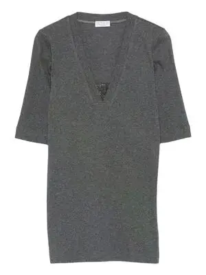 Brunello Cucinelli V-neck Embellished T-shirt - Grey