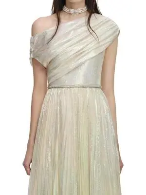 SELF-PORTRAIT Pleated Maxi Dress - Neutrals