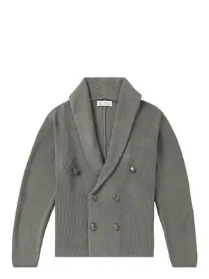Brunello Cucinelli Shawl-collar Double-breasted Ribbed Cotton Cardigan - Green