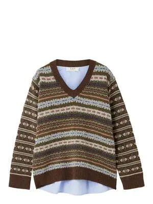 Sea Ciara Striped Cotton-poplin And Fair Isle Wool Sweater - Multi