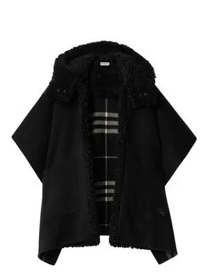 Burberry Reversible Shearling Trim Check Cashmere Cape - Black/calico Beige
