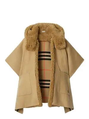 Burberry Reversible Shearling Trim Check Cashmere Cape - Sand Beige