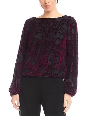 Karen Kane Blouson Sleeve Velvet Burnout Boatneck Top - Wine