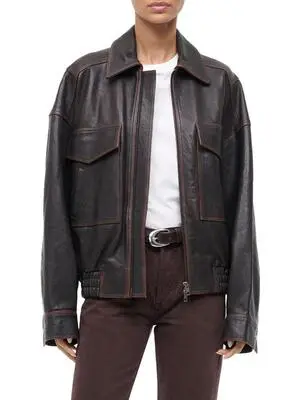 Staud Eugene Leather Bomber Jacket - Distressed Brown