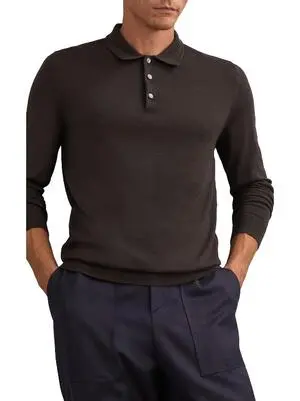 REISS Trafford Long Sleeve Wool Polo Sweater - Chocolate Brown