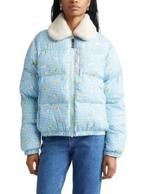 Sandy Liang Benny Faux Fur Collar Quilted Puffer Jacket - Blue Multi
