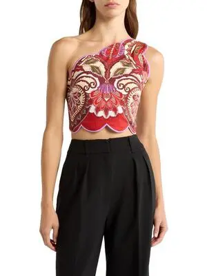 Farm Rio Odara One-shoulder Scalloped Crop Top - Red