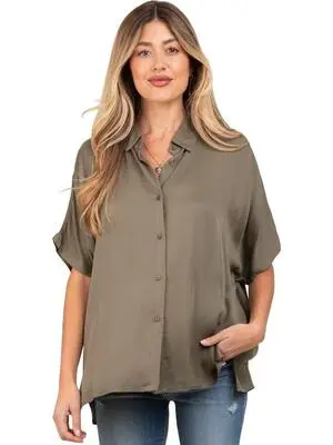 PINKBLUSH Dolman Sleeve Button Down Blouse Olive Green